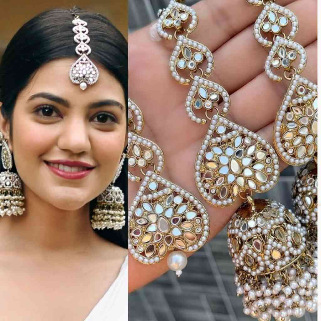 Shefali Antique Tone Heavy Jhumka Earrings With Tikka - Aadish Jewels